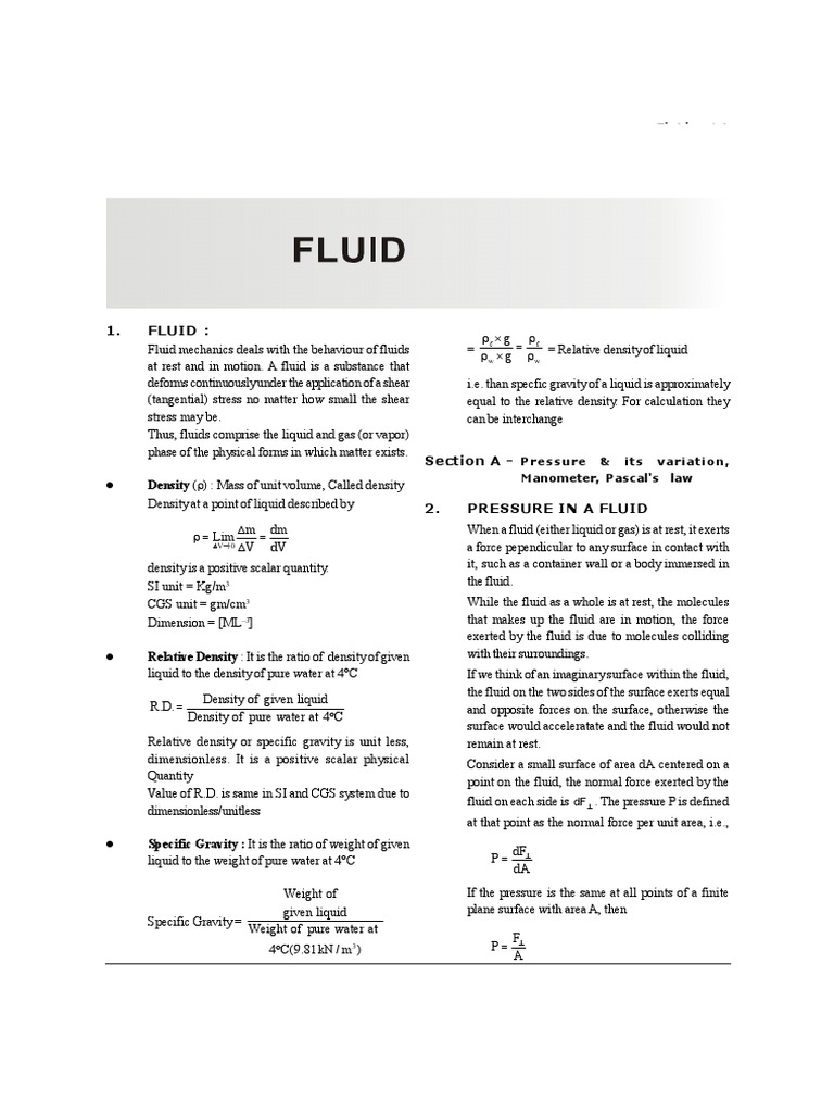 Fluid:: - Density ( | PDF | Buoyancy | Pressure
