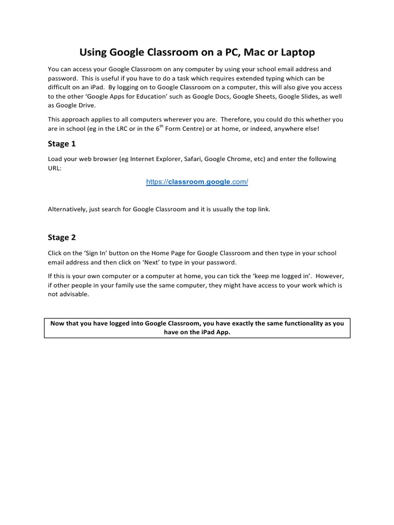 Using Google Classroom On A PC, Mac or Laptop: Stage 1 | PDF