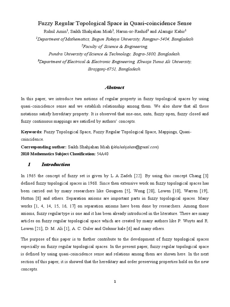 Fuzzy Regular Topological Space Pdf Function Mathematics