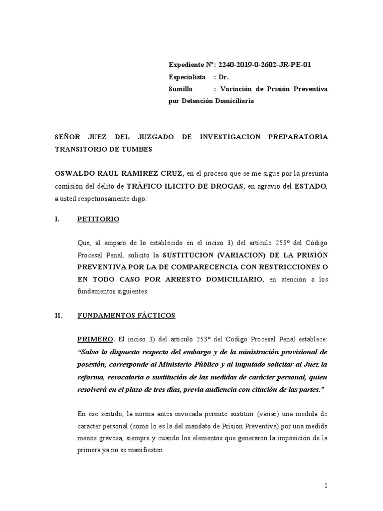 Escrito - Variación de Prision Preventiva Por Detención Domiciliaria ...