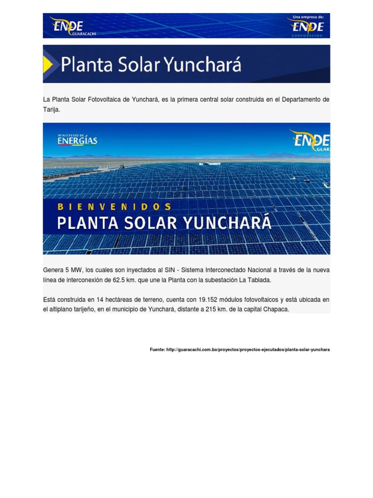 Planta Solar de 5 MW en Yunchará, Tarija | PDF | Fotovoltaica | Energía ...