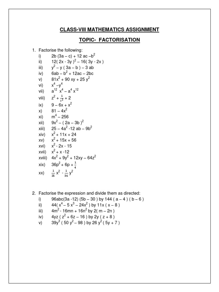 Class-Viii Mathematics Assignment Topic-Factorisation | PDF