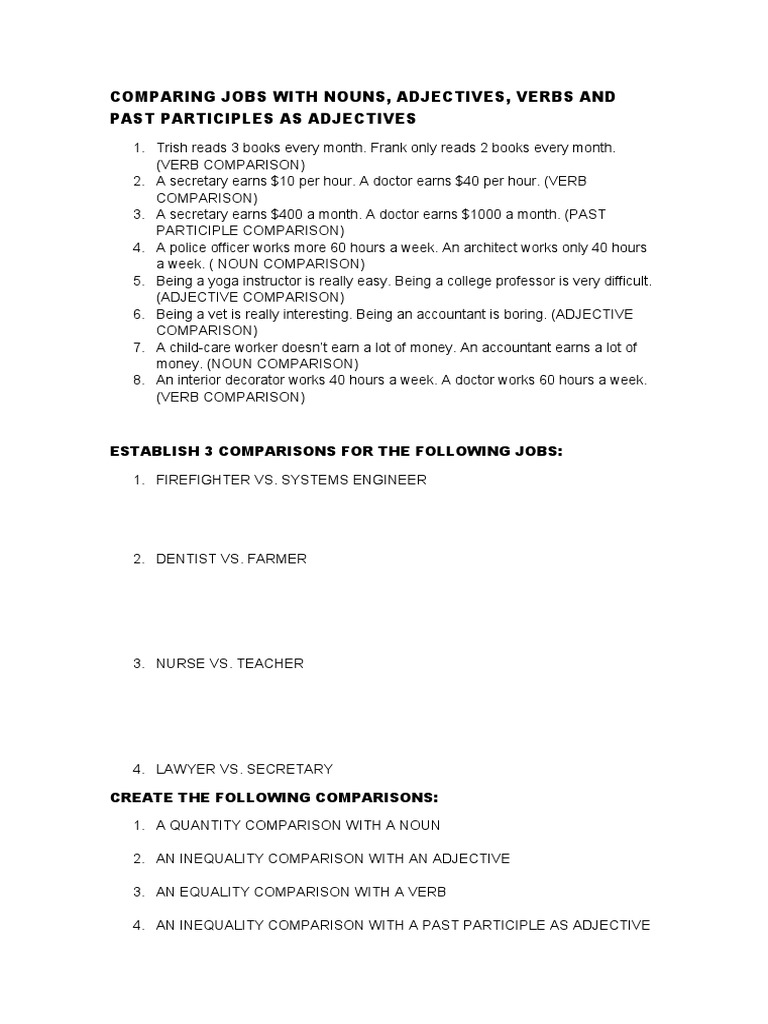 Comparing Jobs With Verbs and Past Participles-Exercises As Adjectives ...