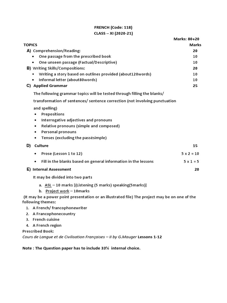 FRENCH Code 118 CLASS XI 2020 21 Marks 80 20 Topics Marks 20 