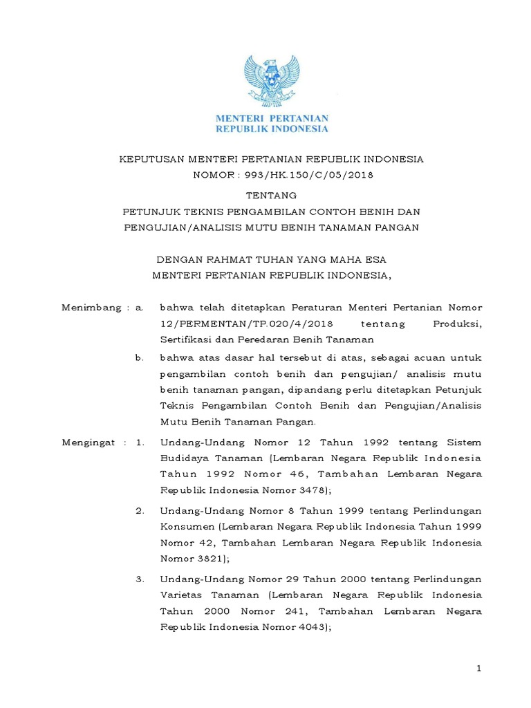 Petunjuk Teknis Pengambilan Contoh Benih dan Pengujian Mutu Benih ...