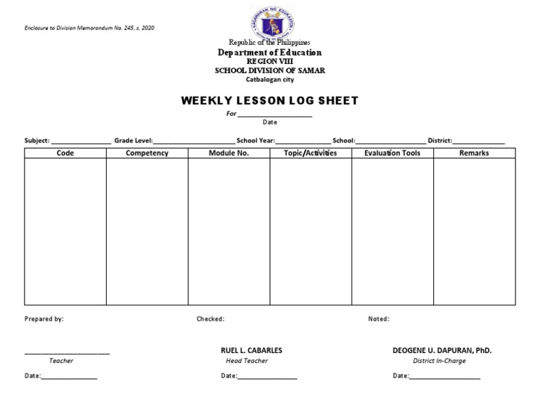 Weekly Lesson Log Sheet: Department of Education | PDF