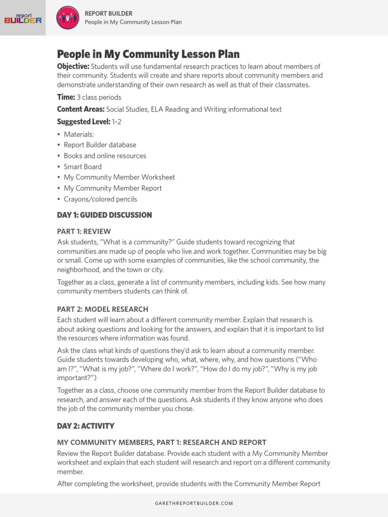 People in My Community Lesson Plan: Objective: Students Will Use ...