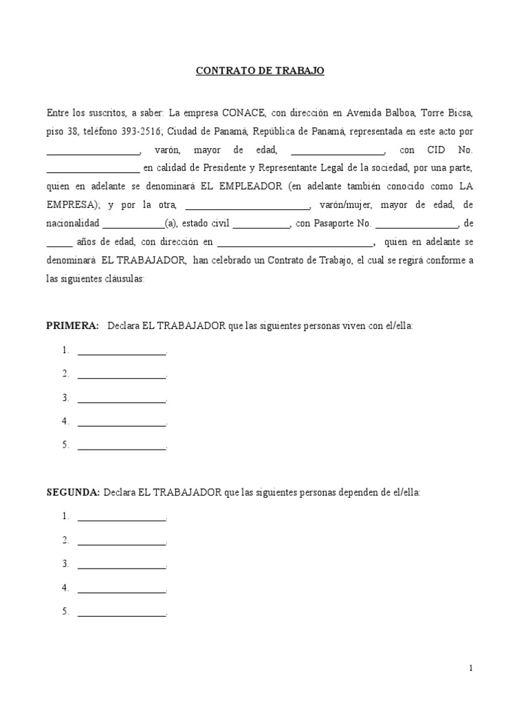Contrato de Trabajo Panamá Formato | Unduh gratis PDF | Salario | Tiempo de trabajo