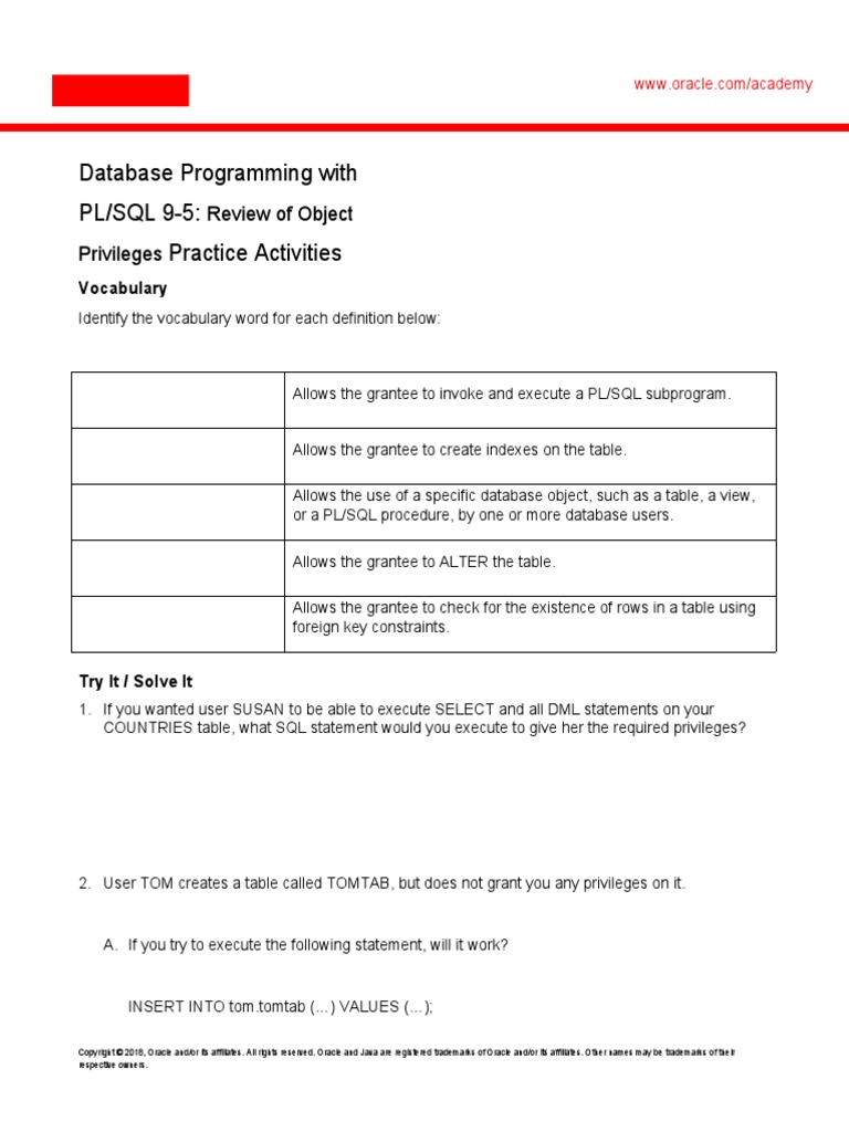 Database Programming With Pl Sql 9 5 Practice Activities Review Of Object Privileges Pdf