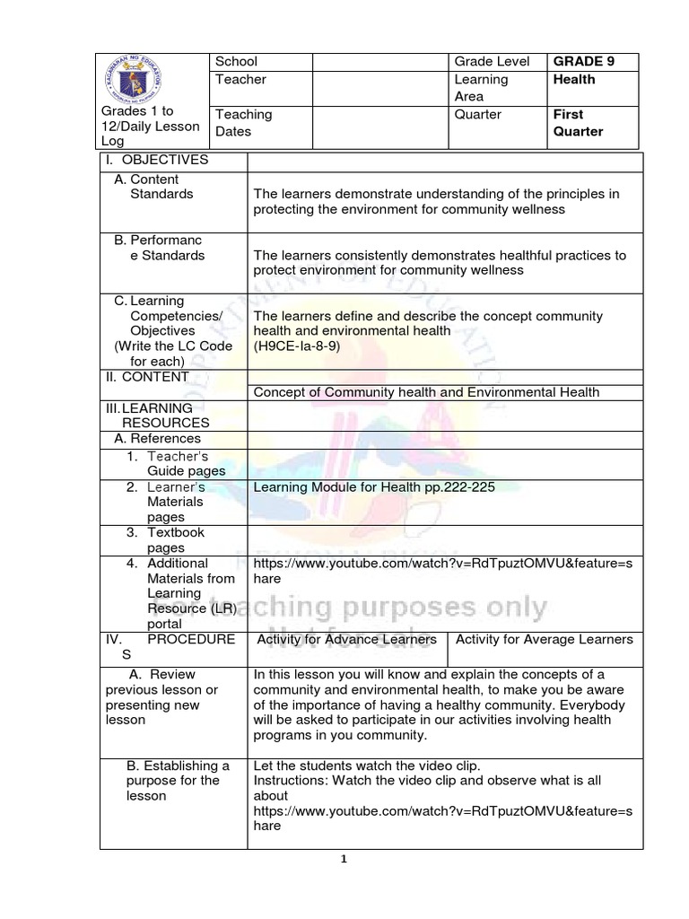 Grade 9 Health First Quarter | PDF | Learning | Teachers
