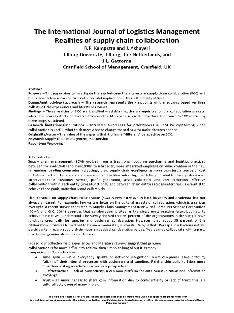 The International Journal of Logistics Management Realities of Supply ...