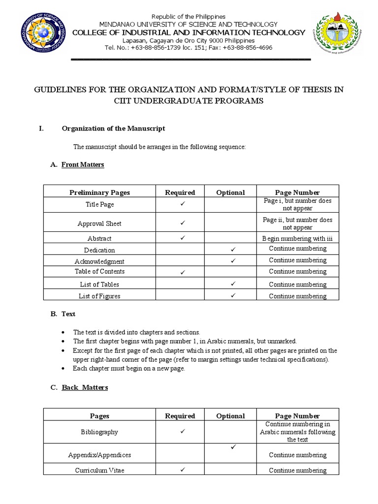 Guidelines For The Organization and Format/Style of Thesis in Ciit Undergraduate Programs ...