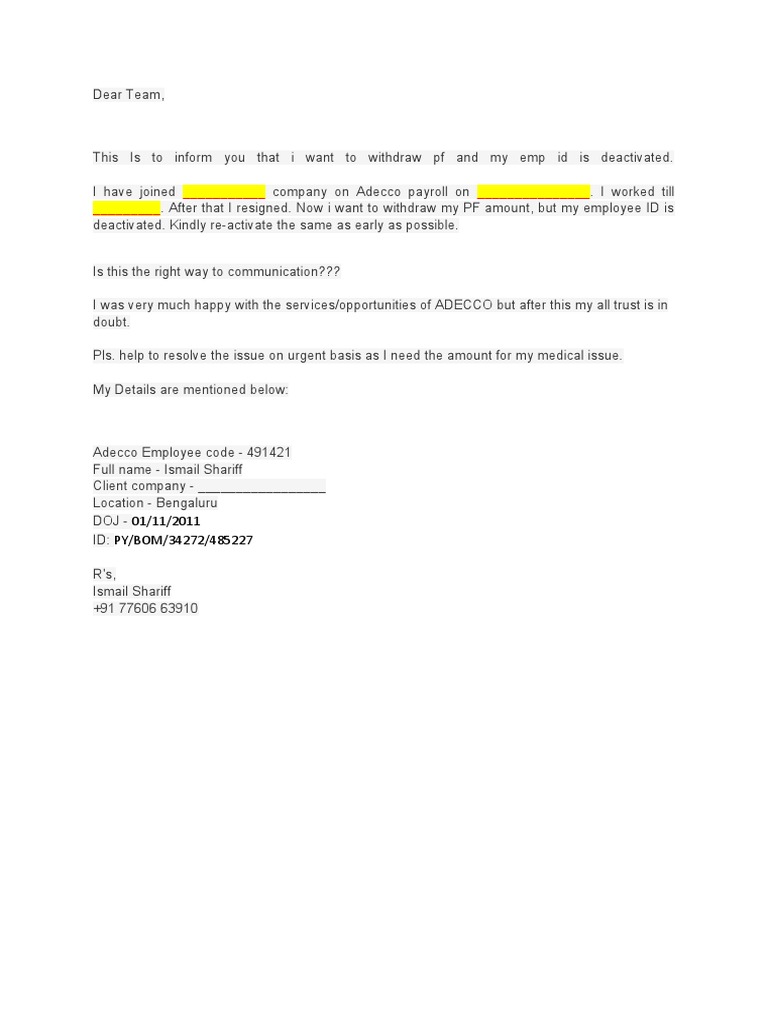PF Claim Letter | PDF