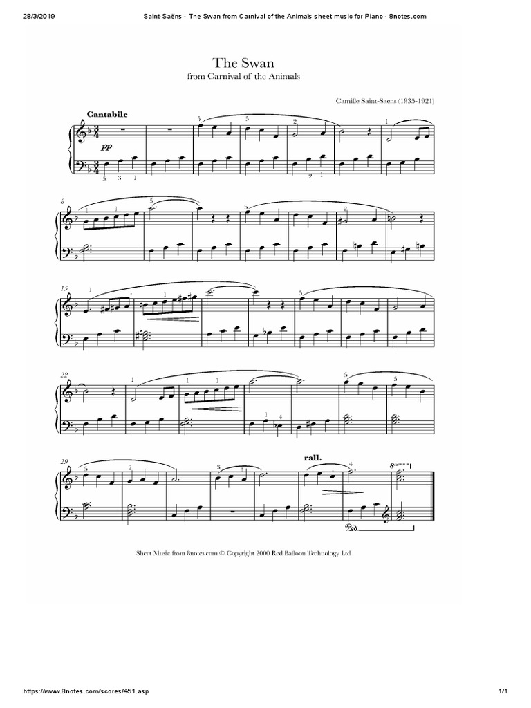 Saint-Saëns - The Swan From Carnival of The Animals Sheet Music For ...