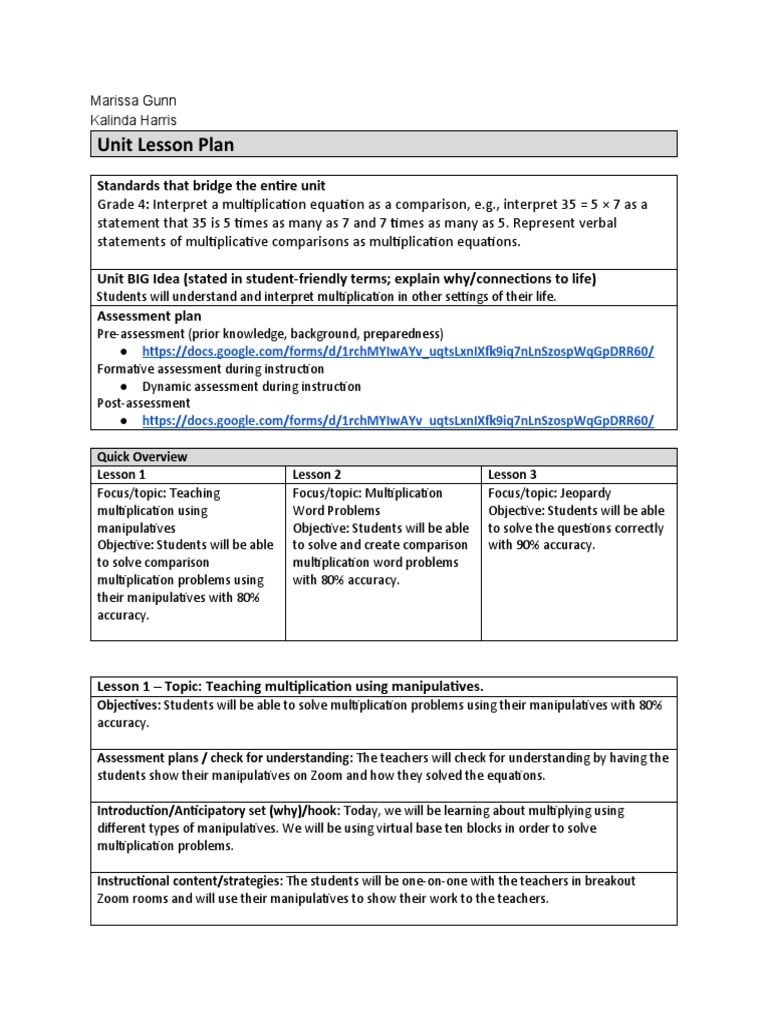 Unit Lesson Plan: Standards That Bridge The Entire Unit | PDF ...