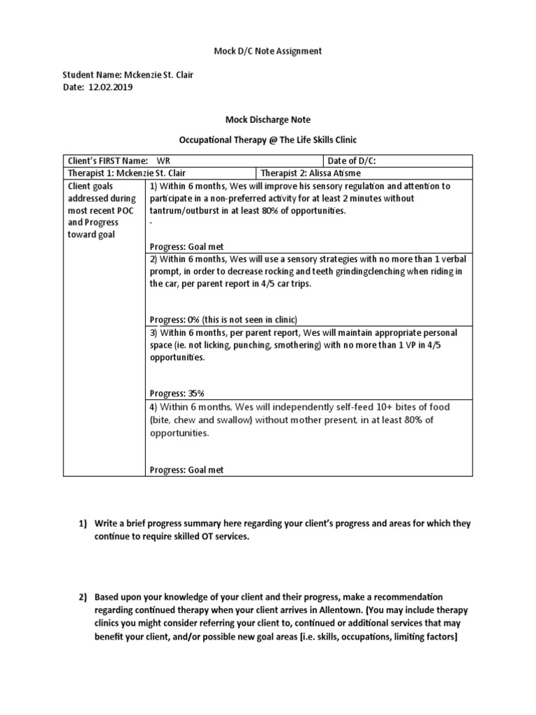 Mock Discharge Note Assignment | PDF | Occupational Therapy | Psychotherapy