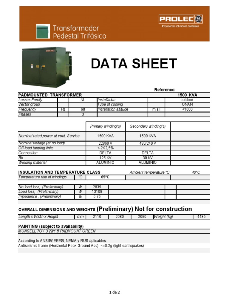 Data Sheet Prolec - 1500 Kva - 22860V - 480-240V | PDF | Transformer ...