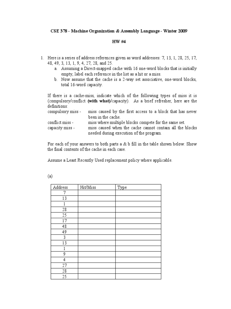CSE 378 - Machine Organization & Assembly Language - Winter 2009 HW #4 | PDF | Cpu Cache ...