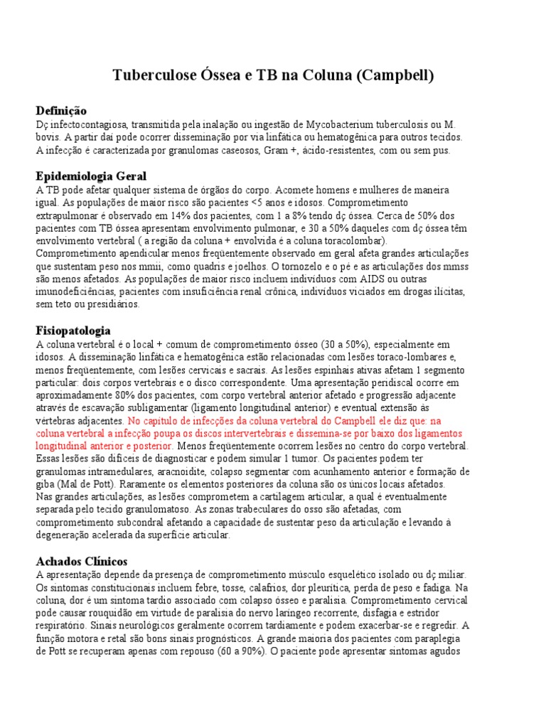 Tuberculose Óssea e TB Na Coluna-Resumo | PDF | Coluna vertebral | Tuberculose