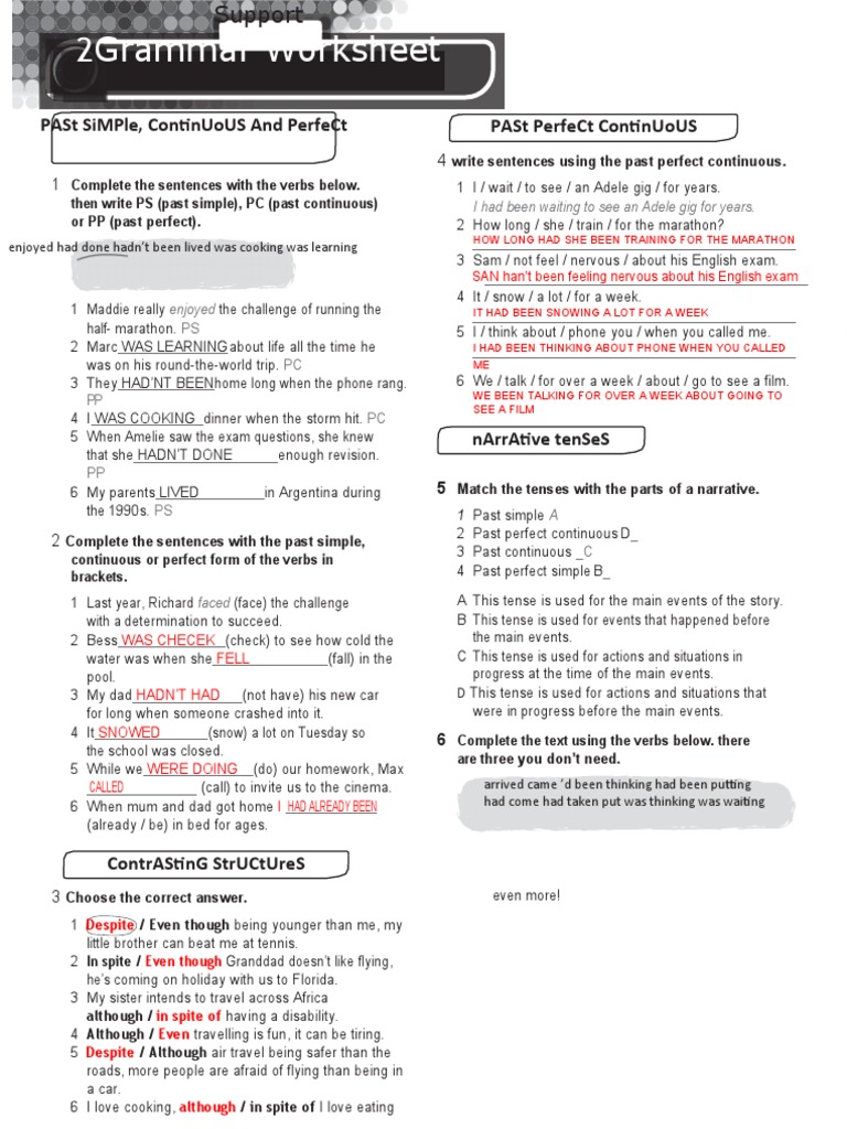 Grammar Worksheet: Past Perfect Continuous Past Simple, Continuous and ...