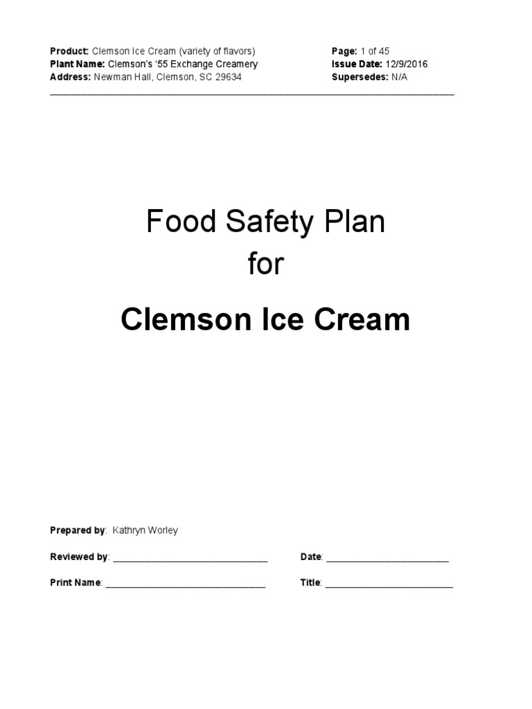 Food Safety Plan For: Clemson Ice Cream | Download Free PDF | Ice Cream ...