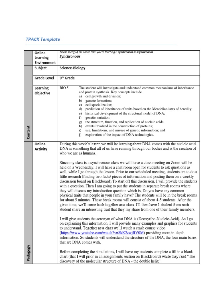 Tpack Template Online Summer20 1 | PDF | Heredity | Dna