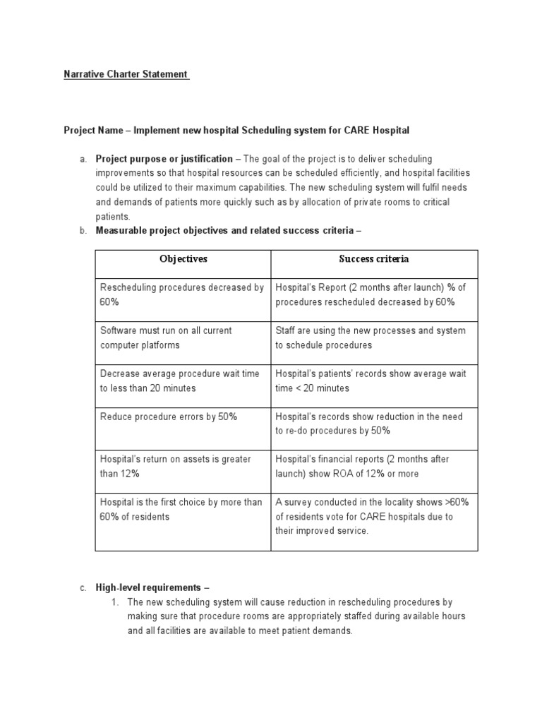 Objectives Success Criteria: Narrative Charter Statement | PDF | Hospital | Patient