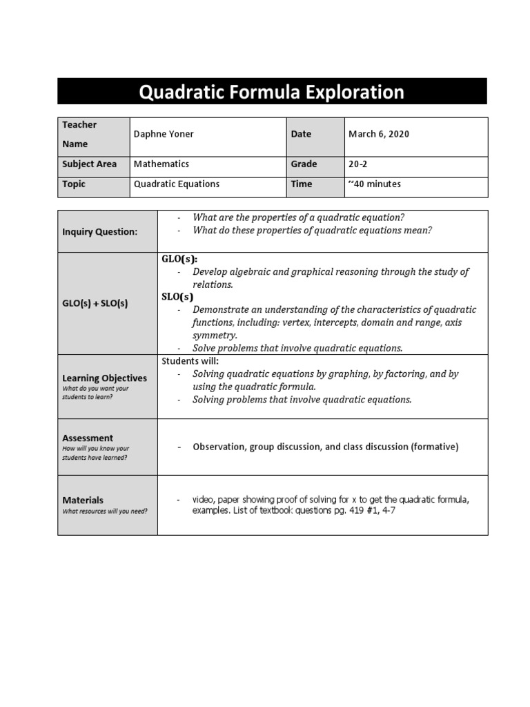 Quadratic Formula Exploration 1 | PDF | Quadratic Equation | Factorization