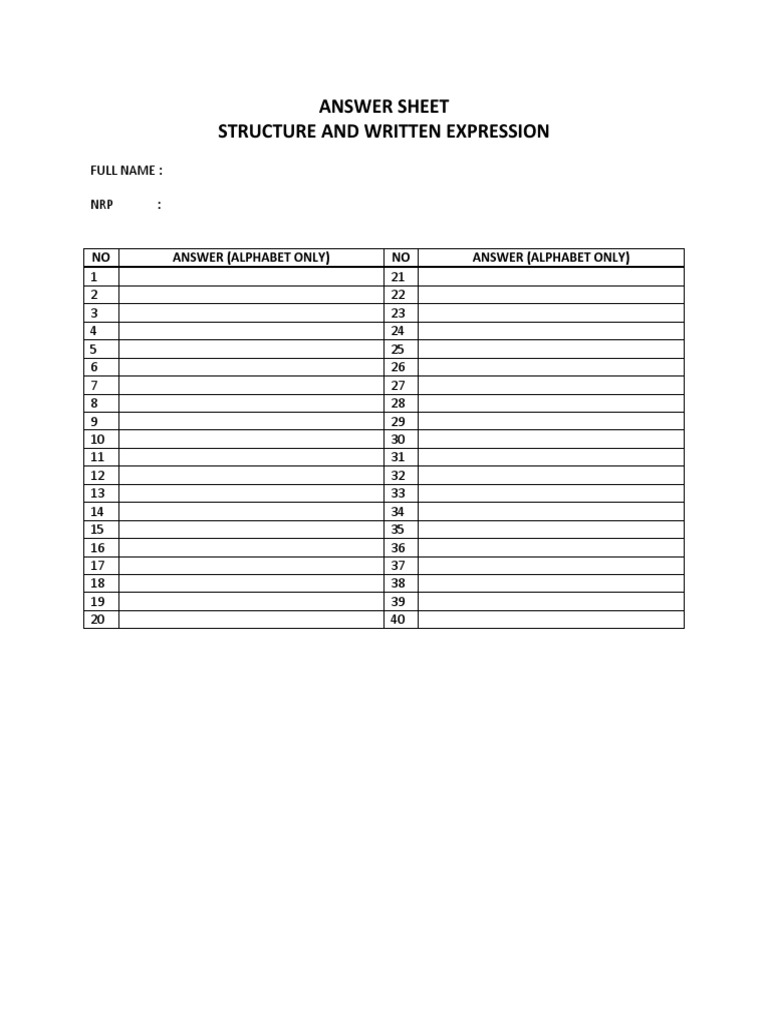 Answer Sheet Structure and Written Expression: Full Name: NRP | PDF