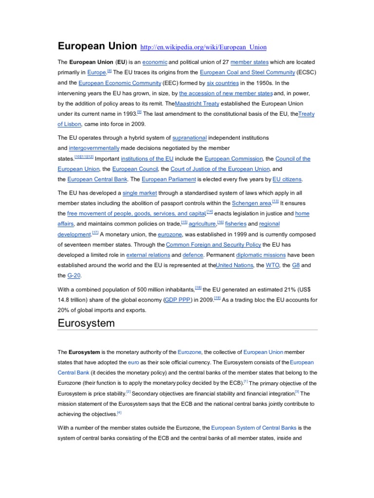 Eurosystem: Eurozone European Union Euro European Central Bank | PDF ...