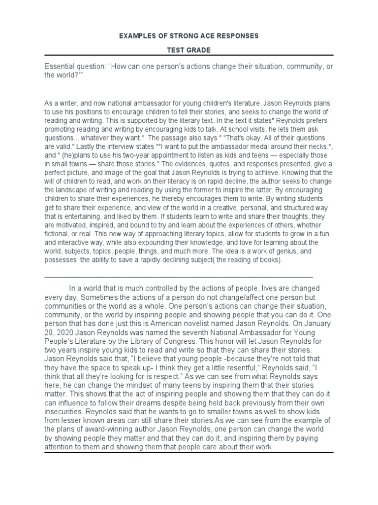 Examples Of Strong Ace Responses Test Grade Pdf Literacy Adolescence 5918