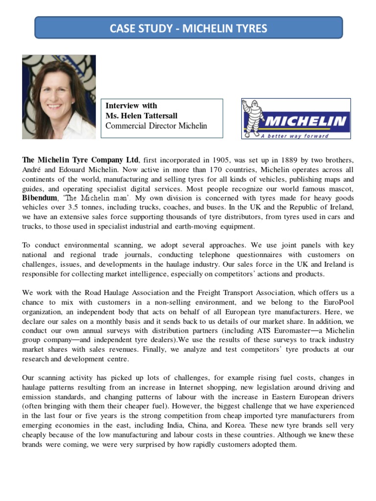 Case Study - Michelin Tyres: Interview With Ms. Helen Tattersall | PDF | Tire | Business Economics