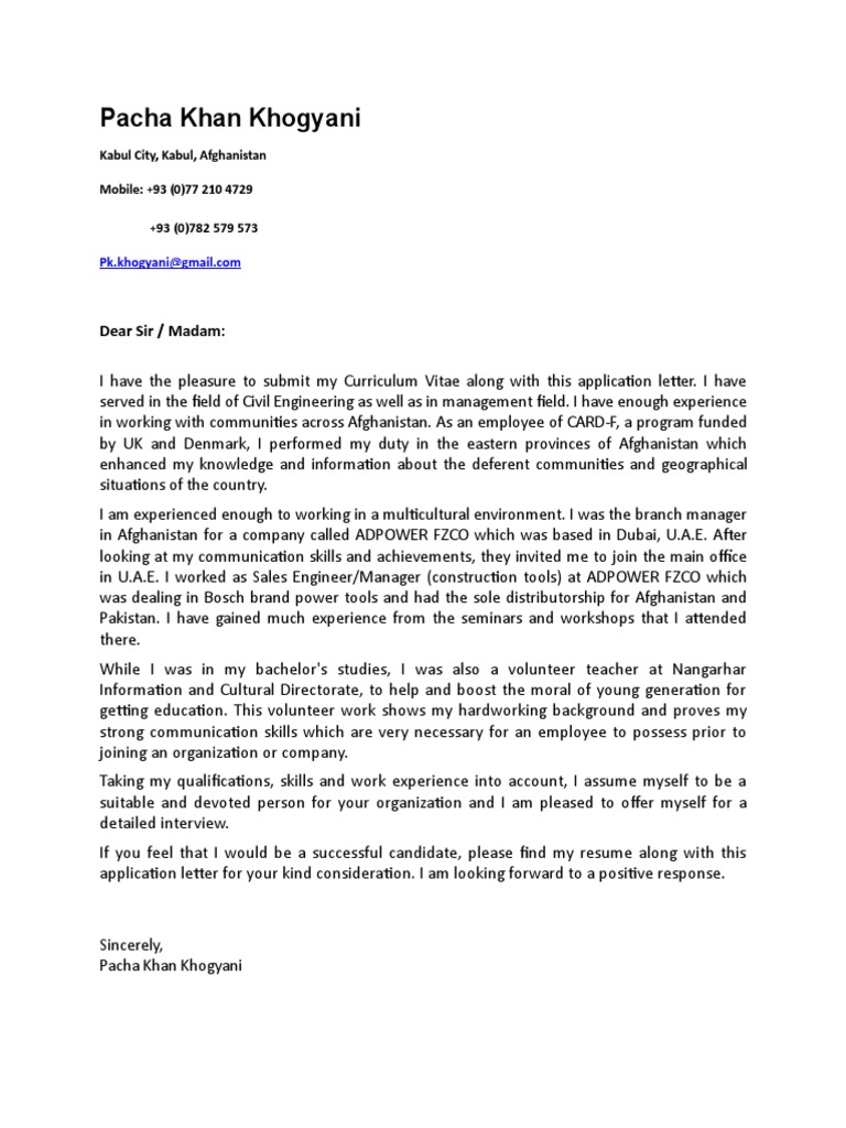 Pacha Khan Khogyani Cover Letter | PDF