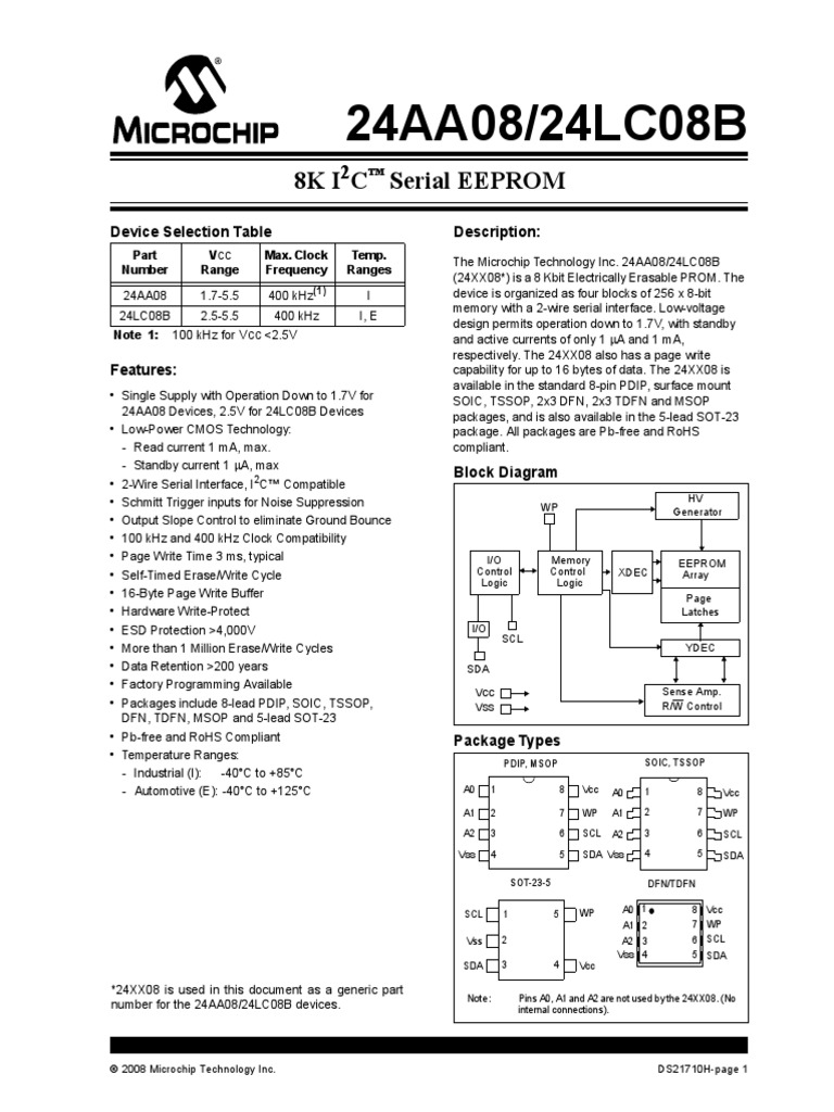 24AA08/24LC08B: 8KI C Serial EEPROM | PDF | Bit | Pointer (Computer Programming)