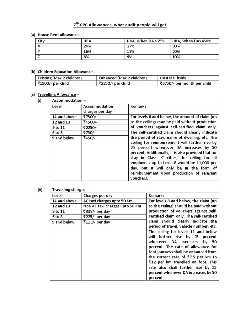 7th CPC Allowances - HRA, CEA, TA, Transport Allowance | PDF | Present ...