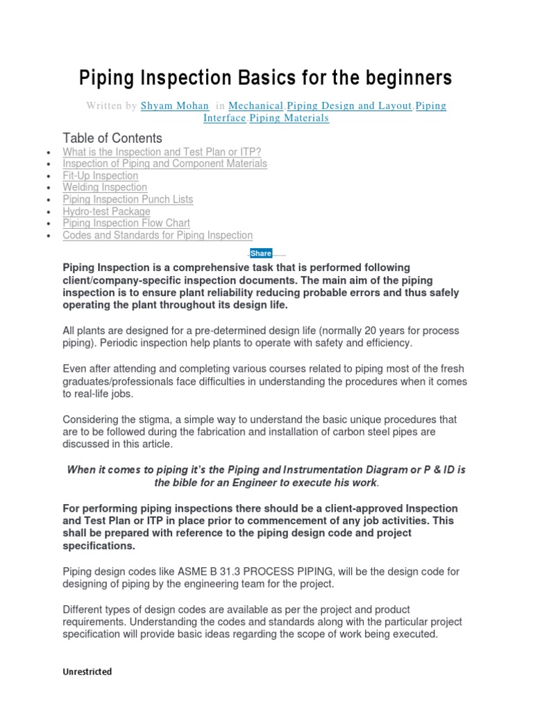 Piping Inspection Basics For The Beginners | PDF | Pipe (Fluid ...