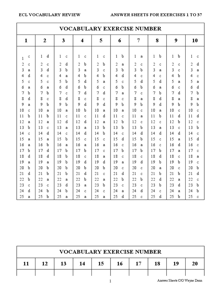 Ecl Vocabulary Exercises Answer Sheets | PDF