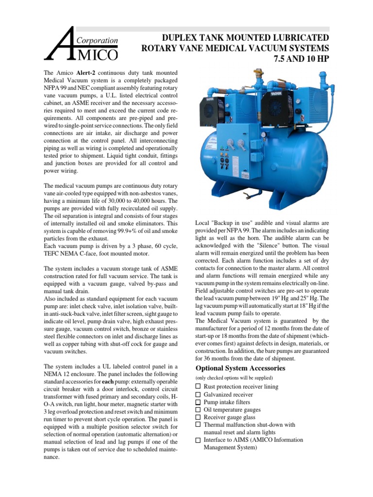 Duplex Tank Mounted Lubricated Rotary Vane Medical Vacuum Systems 7.5 ...