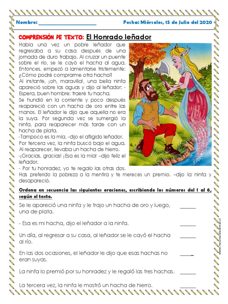 El Honrado Leñador Cuento Y Comprensión Pdf