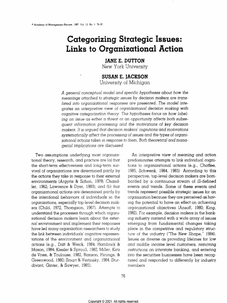 Dutton, J. E., & Jackson, S. E. (1987) - Categorizing Strategic Issues ...