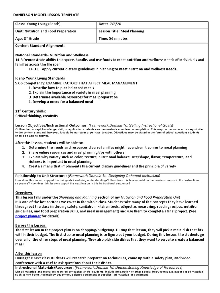 Meal Planning Lesson for 8th Graders | PDF | Educational Assessment | Foods