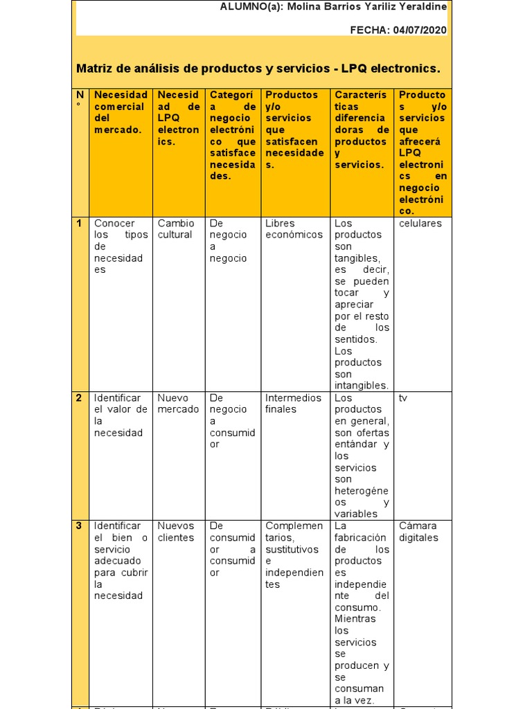 Matriz de Análisis de Productos y Servicios - LPQ Electronics. | PDF ...