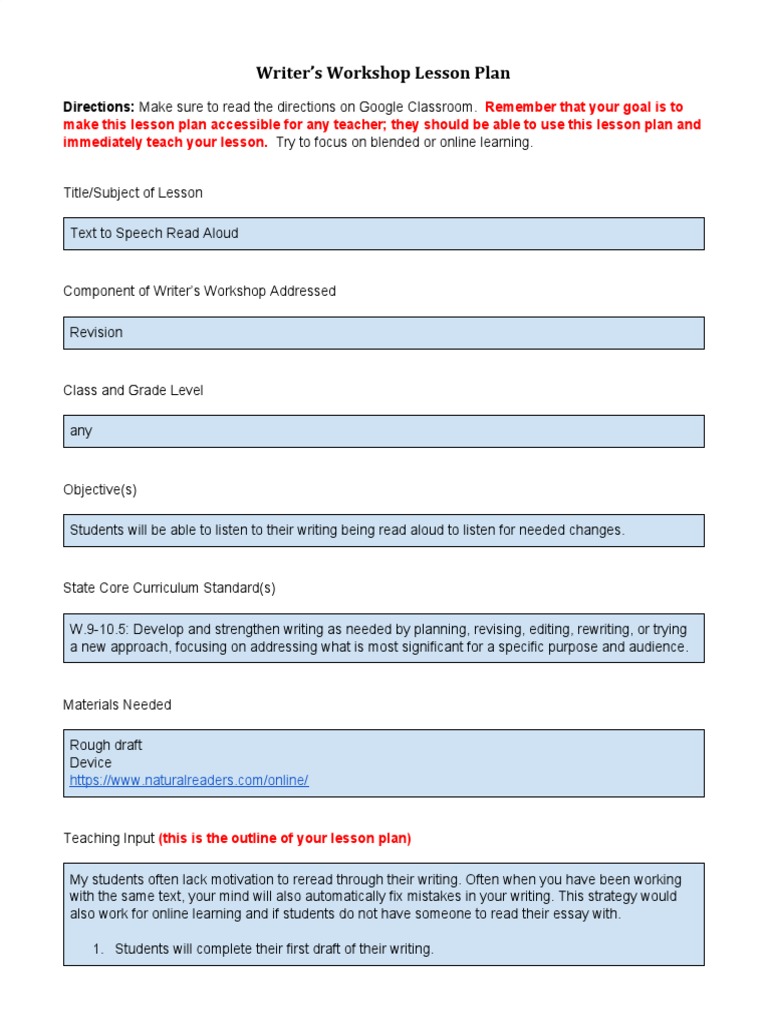 Writer's Workshop Lesson Plan: Directions | PDF