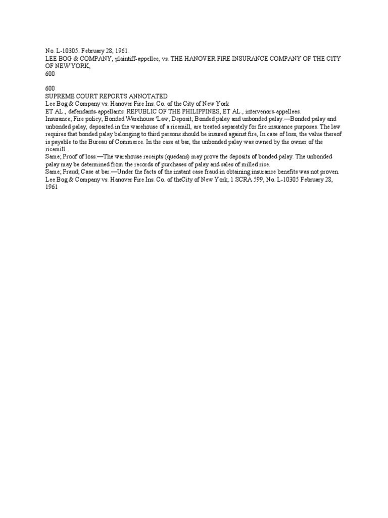 Lee Bog vs. Hanover Fire Ins. Co. Case | PDF | Social Science | Law