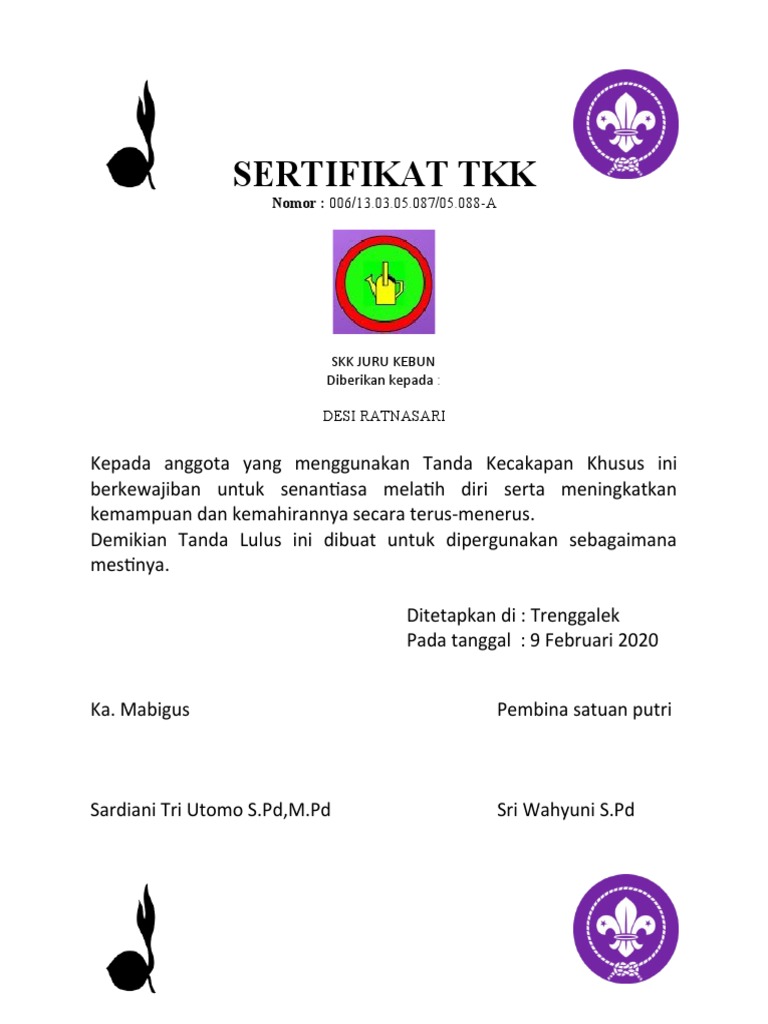 Sertifikat TKK Juru Kebun 2 | PDF