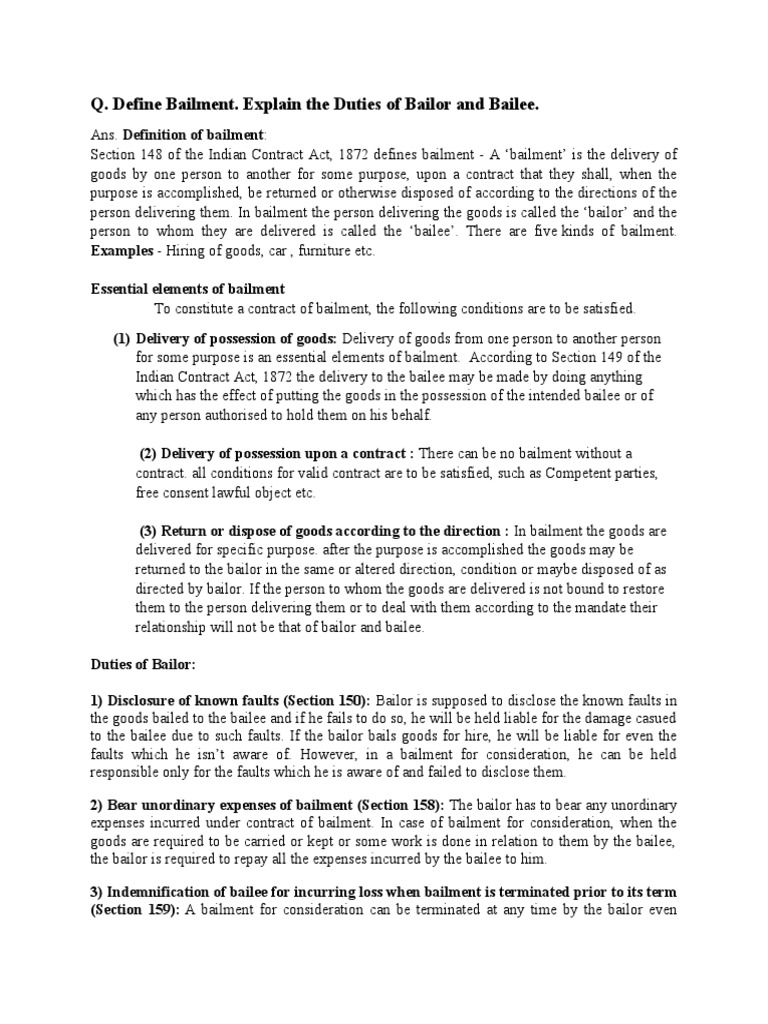 Q. Define Bailment. Explain The Duties of Bailor and Bailee | PDF ...
