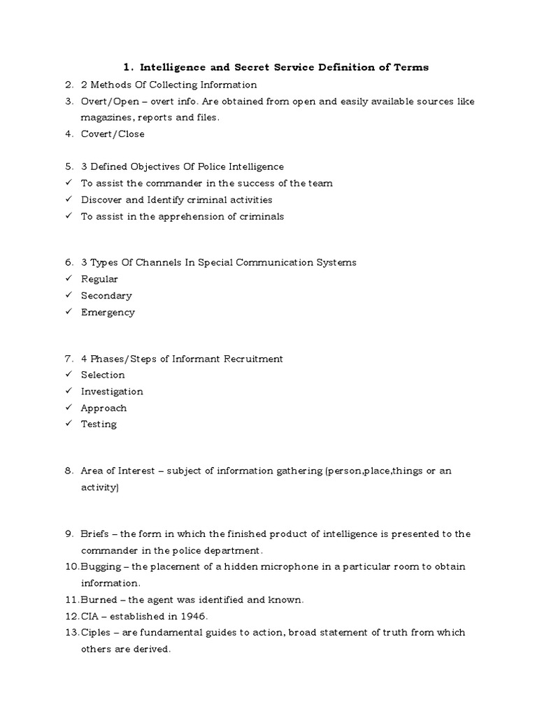 Intelligence and Secret Service Definition of Terms | PDF ...