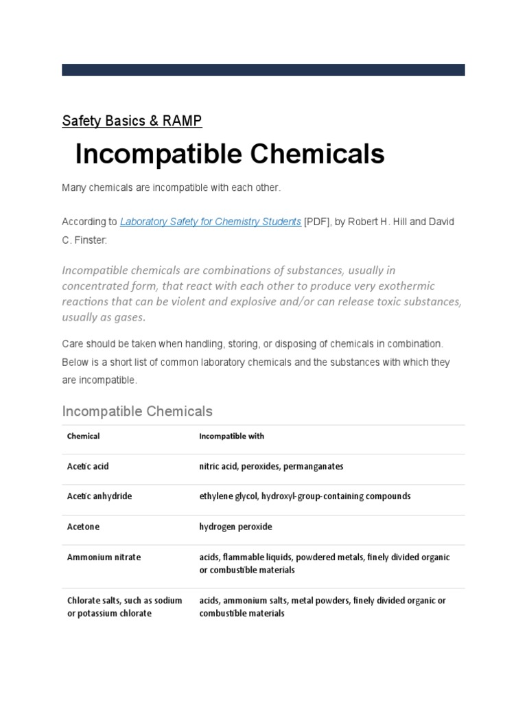 Incompatible Chemicals: Safety Basics & RAMP | Download Free PDF ...