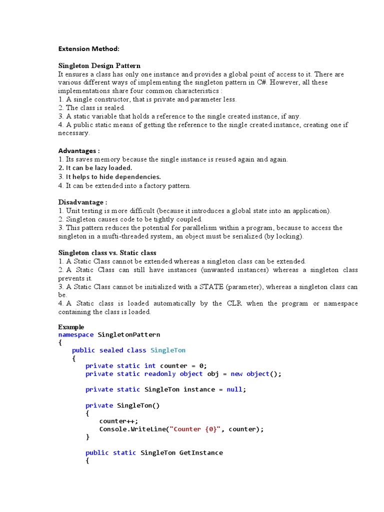 Extension Method: Singleton Design Pattern | PDF | Class (Computer Programming) | Computer ...