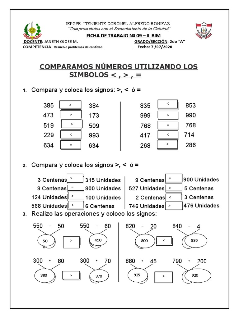 Actividad de Comparacion de Numeros de Tres Cifras | PDF